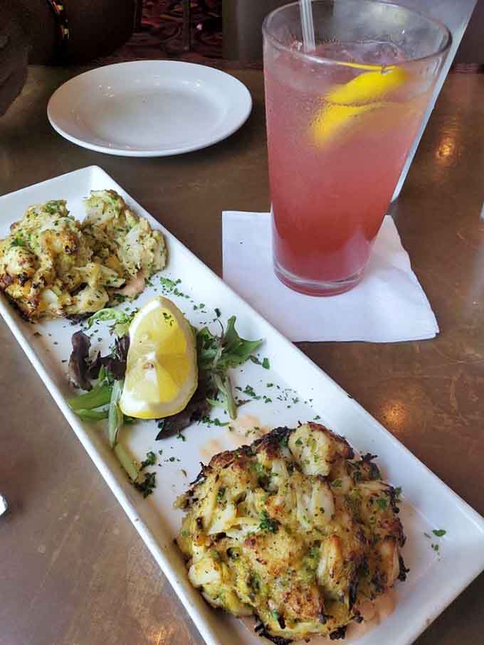 Maryland crab cakes with fresh greens prove the kitchen's skills extend well beyond their famous chicken preparations.