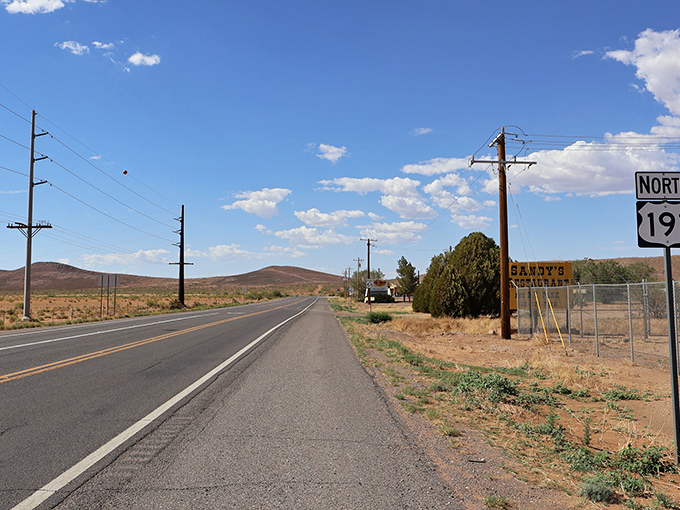 Sandy shoulders frame the asphalt ribbon cutting through high desert terrain, where telephone poles march alongside like faithful companions.
