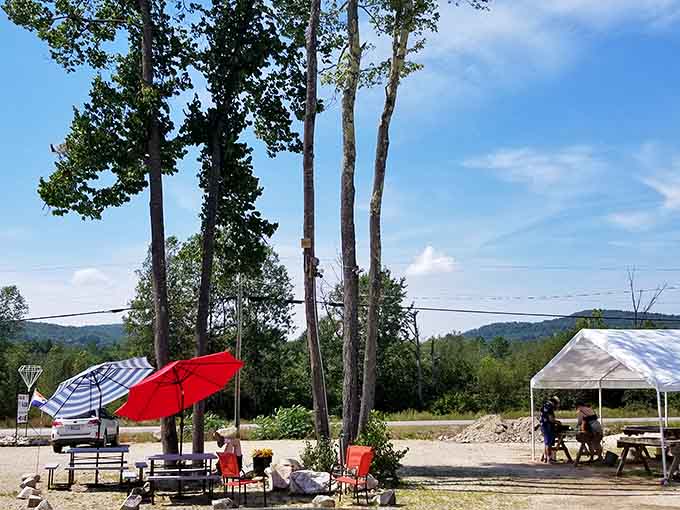 Under sunny skies and surrounded by autumn colors, this outdoor mining operation proves that the best offices have no walls and dirt floors.