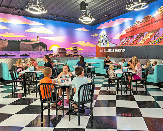 Families create sweet memories in the retro dining area, where ice cream sundaes become the centerpiece of childhood joy.