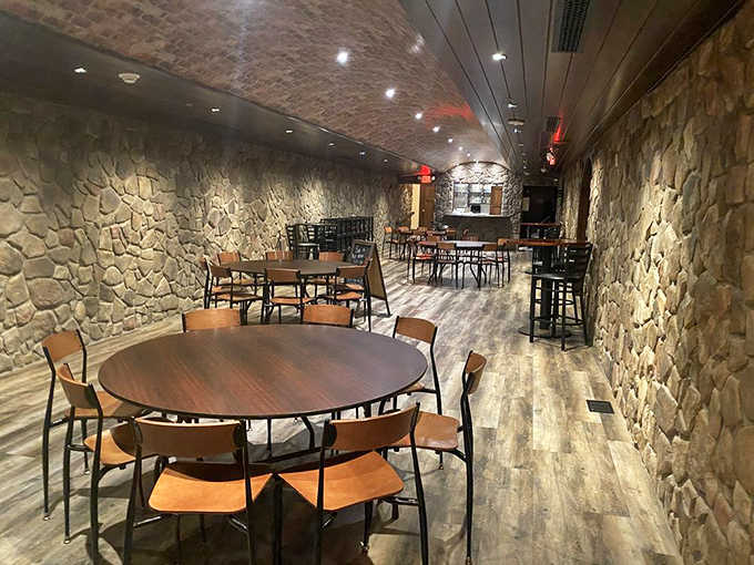 Stone walls and wooden tables create an atmosphere that's both rustic and refined &ndash; the perfect backdrop for serious pizza enjoyment.