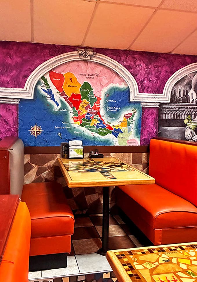 The hand-painted map of Mexico adds cultural context to your meal, while those comfy orange booths invite you to settle in and stay awhile.