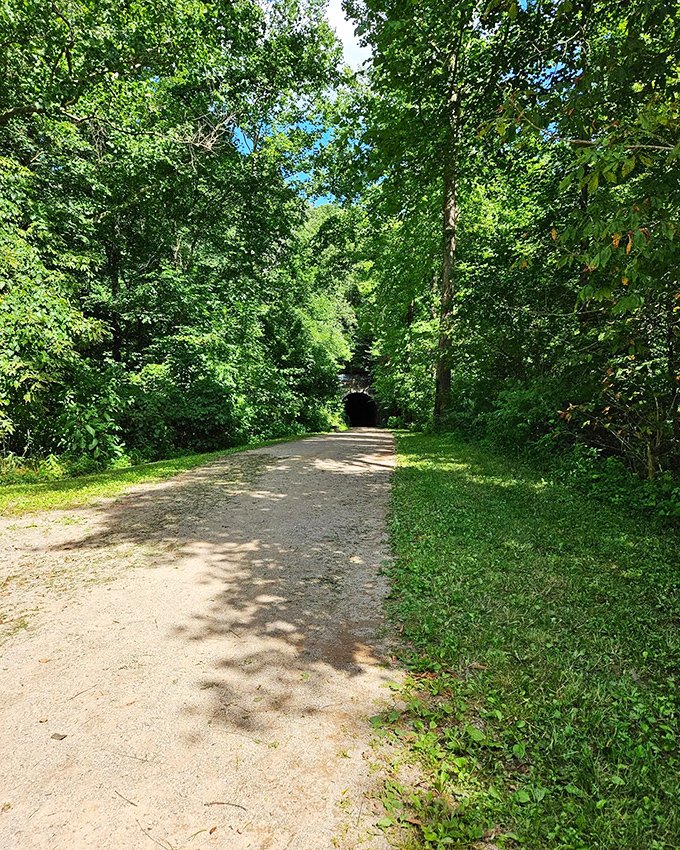The approach to the tunnel through lush summer greenery offers no hint of the cool darkness waiting ahead.