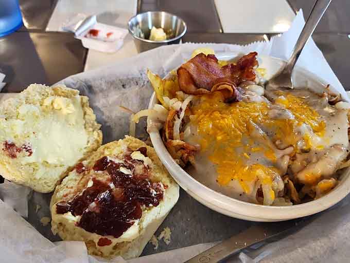 Gravy-smothered fries topped with cheese and a biscuit, because sometimes you need carbs on top of carbs.