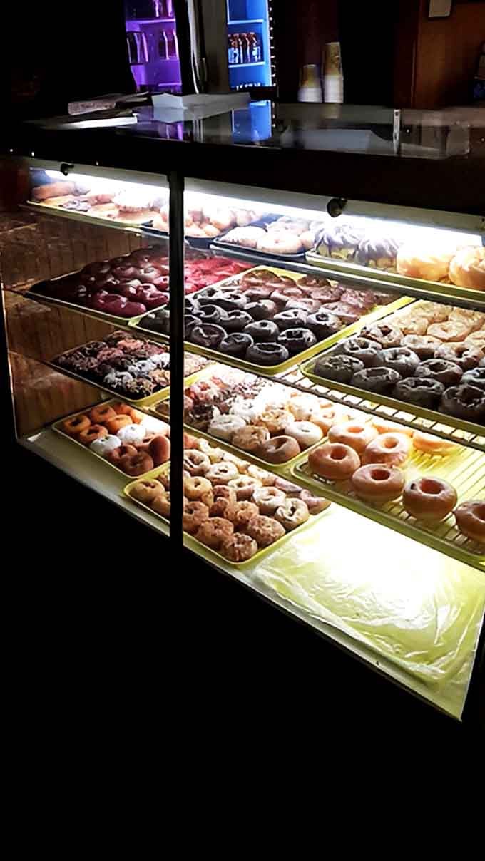 The display case glows like a treasure chest of fried delights. Morning sunlight illuminates rows of donuts waiting for their forever homes.