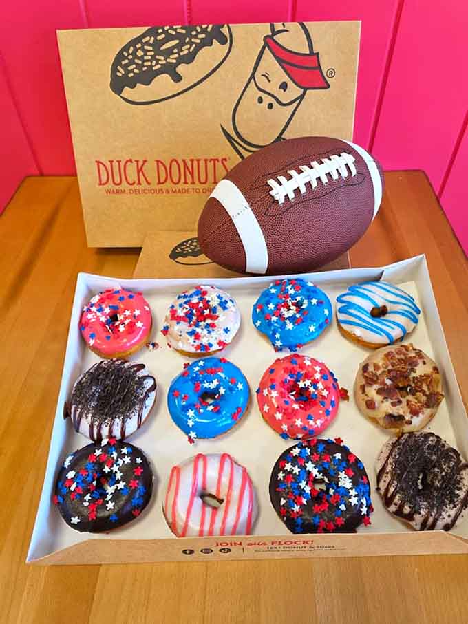 Patriots and chocolate lovers unite over this red, white, and blue dozen of pure joy.