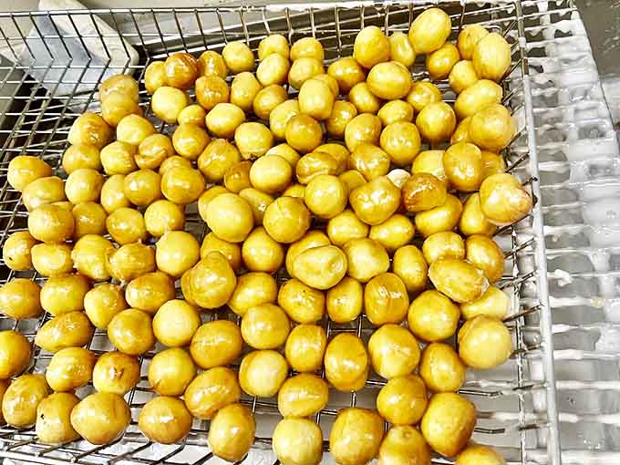 Golden donut holes glistening with promise &ndash; bite-sized happiness that disappears mysteriously fast no matter how many you order.