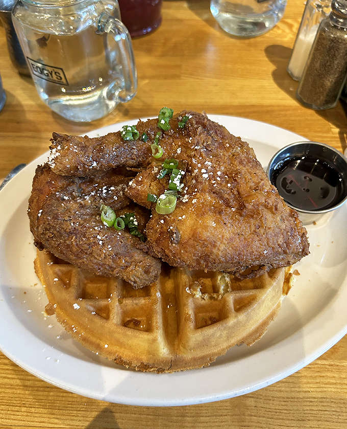 Crispy chicken meets fluffy waffles in this sweet-and-savory masterpiece that proves breakfast can be dinner's equal.