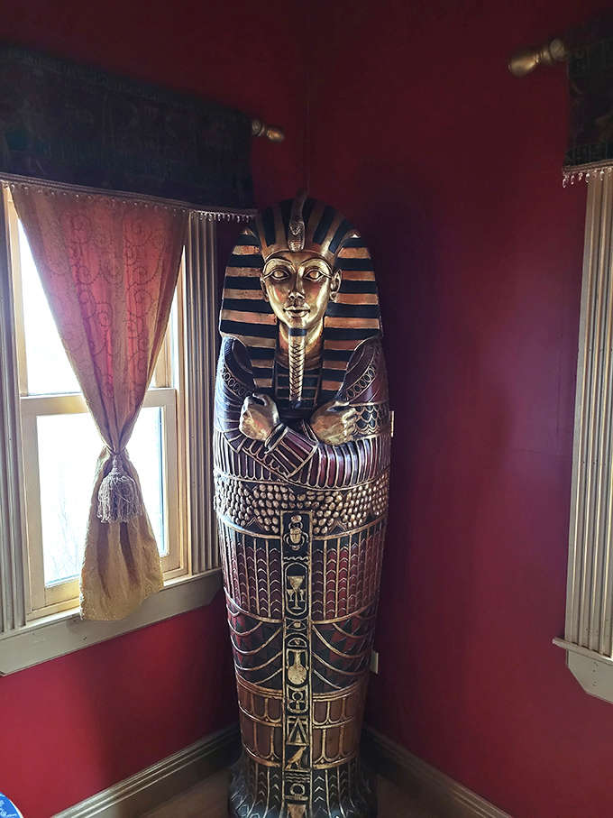 The Egyptian pharaoh's sarcophagus stands sentinel in the corner, its intricate hieroglyphics and regal presence commanding attention.