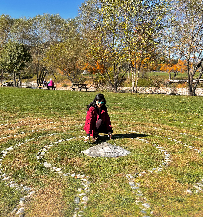 A visitor explores the stone labyrinth at East End Park, finding unexpected moments of reflection amid Woodstock's natural beauty.