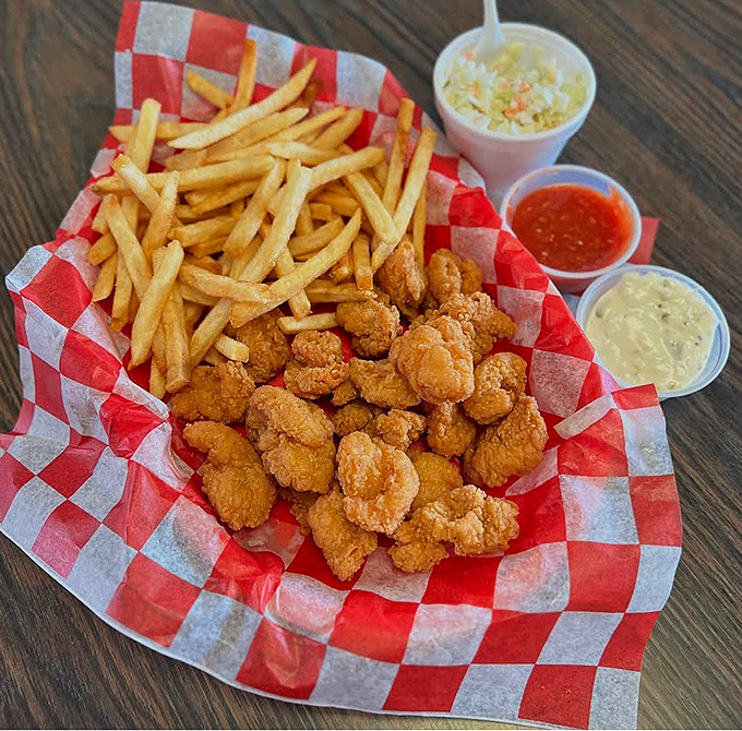 The fried shrimp basket delivers that perfect crunch-to-tenderness ratio that makes you wonder why you ever order anything else.