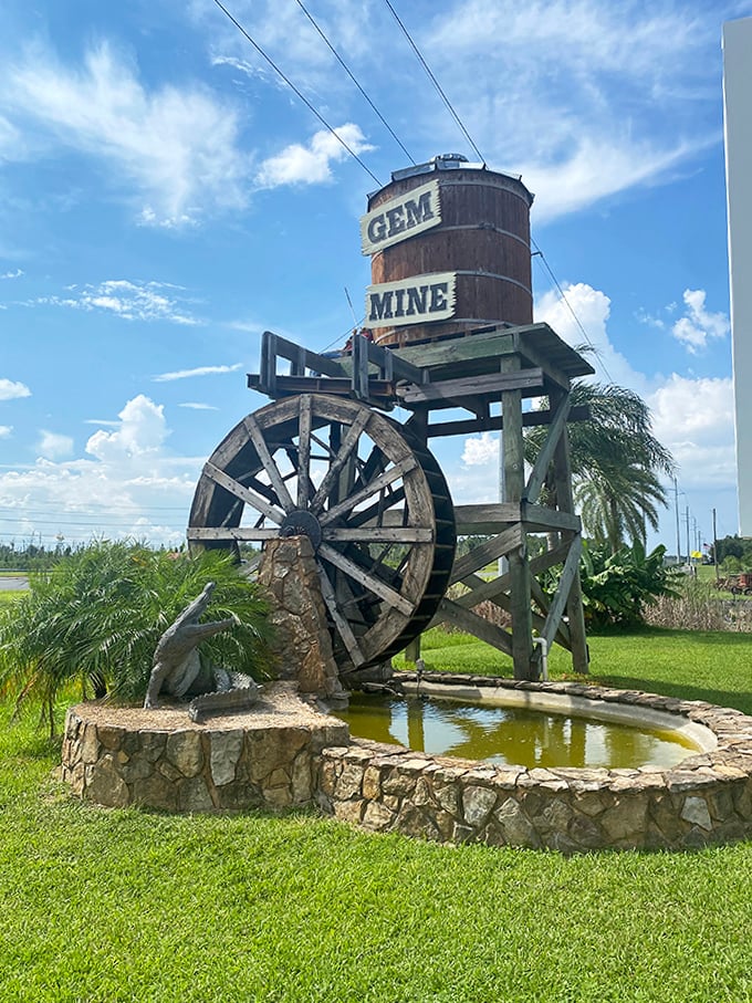 The iconic Gem Mine water wheel stands as a rustic landmark, its wooden structure telling tales of old Florida charm.