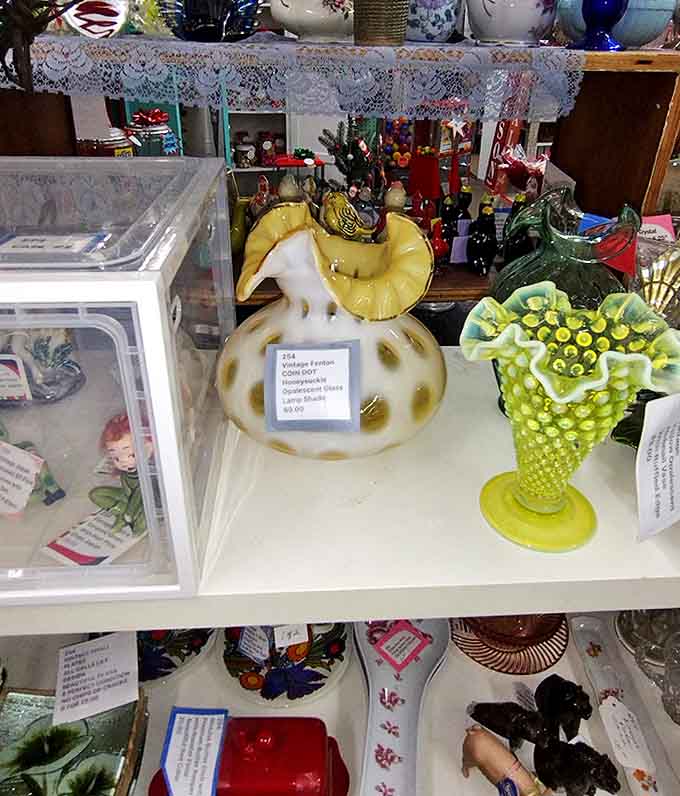 Fenton glass collectors, prepare your wallets! These hobnail treasures in impossible yellows and whites rarely gather in one place like this.