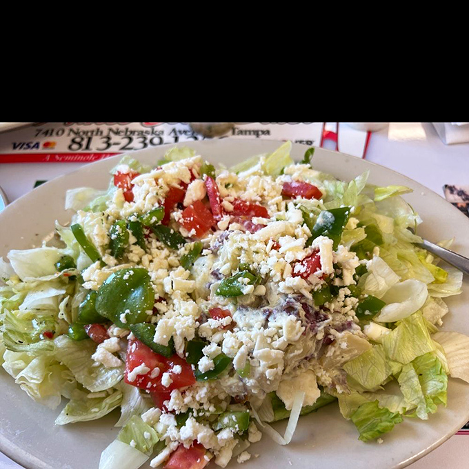 A Greek salad that brings Mediterranean freshness to the diner scene &ndash; crisp lettuce, tangy feta, and vegetables that actually taste like vegetables.