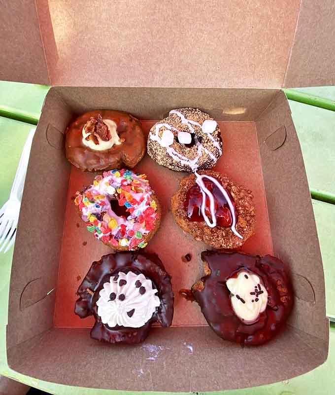 Half-dozen Donuts: A box of possibilities, each one more tempting than the last. Like a flavor rainbow that makes choosing just one an exercise in delicious futility.