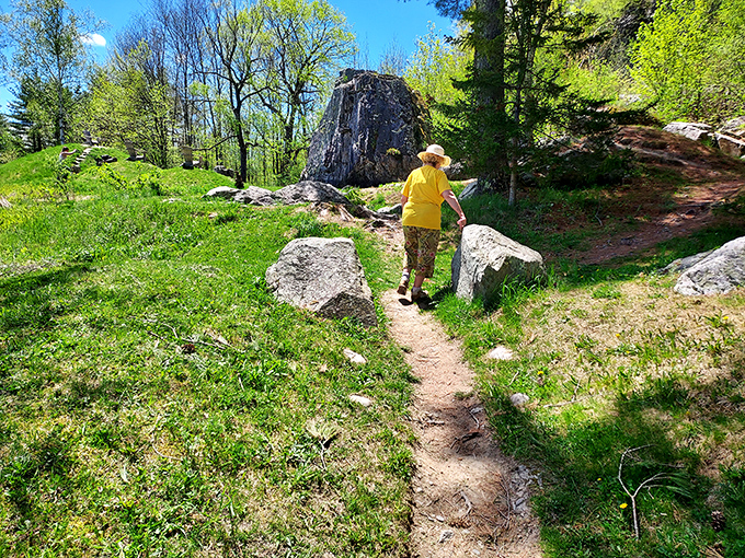 The path less traveled reveals the most treasures &ndash; a solitary explorer discovers the garden's secrets one step at a time.