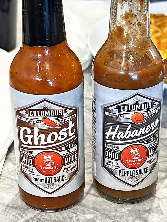 Hot sauce bottles standing like soldiers ready for duty &ndash; your eggs will never be boring again.