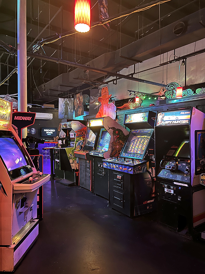 Rows of lovingly maintained arcade cabinets create a cave of wonders, each screen a portal to adventures that defined a generation's childhood.