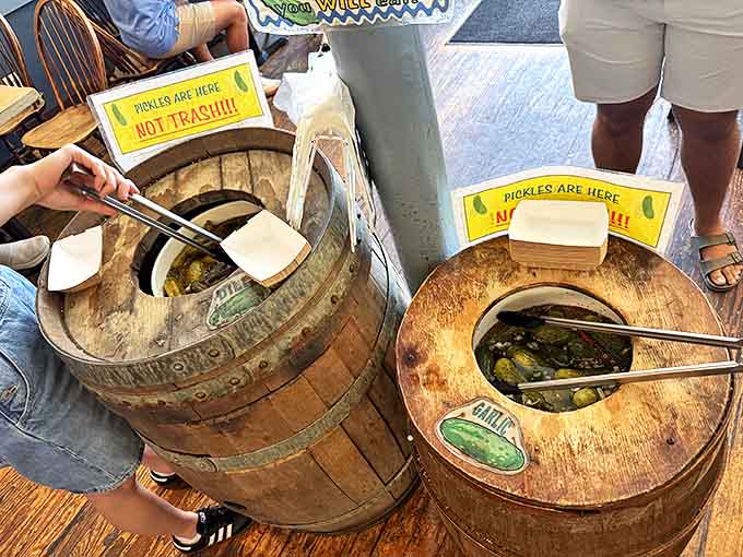 "Pickles are NOT TRASH!!!" The wooden barrels house crisp, garlicky treasures &ndash; help yourself, but remember their sacred status.
