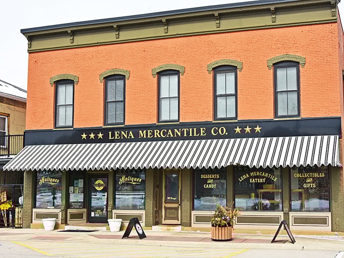 Lena Mercantile's striped awning beckons shoppers into a wonderland of local treasures and homemade delights.