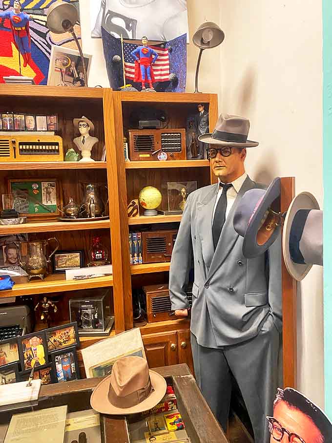 This dapper mannequin in a suit and fedora represents Clark Kent's civilian disguise, because apparently glasses and a hat were enough to fool an entire city of journalists.