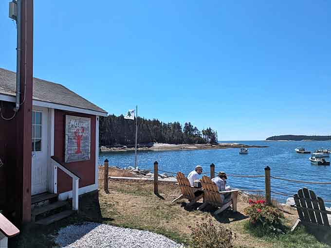 Adirondack chairs facing the harbor offer front-row seats to Maine's working waterfront and your own personal relaxation session.