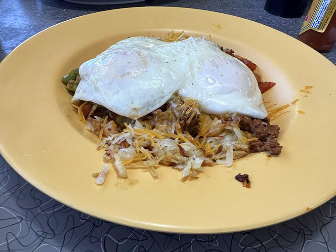 The chorizo skillet brings some spice to the breakfast lineup, topped with eggs and served over perfectly crisped potatoes.