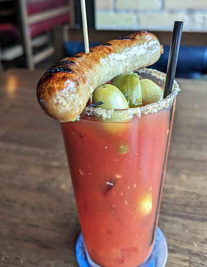 This Bloody Mary comes armed with a pretzel and enough garnishes to qualify as an appetizer in its own right.