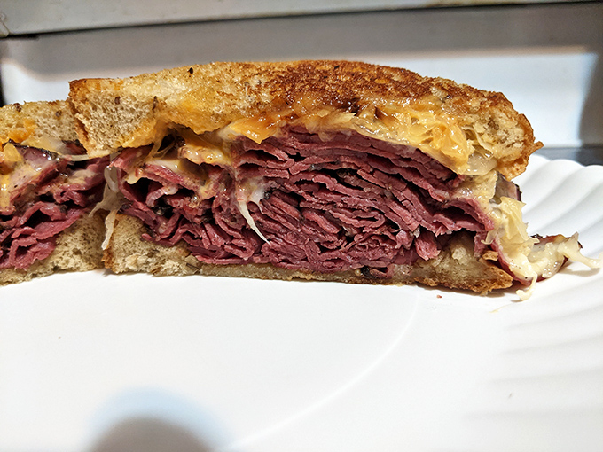 This pastrami sandwich isn't messing around &ndash; layers of peppery, smoky meat stacked so high you'll need to unhinge your jaw.