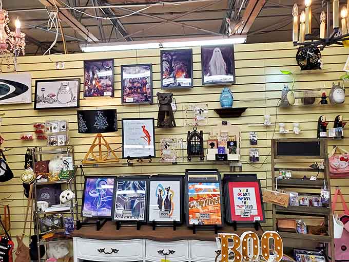 From anime characters to classic art, this wall of framed treasures offers something for every taste.