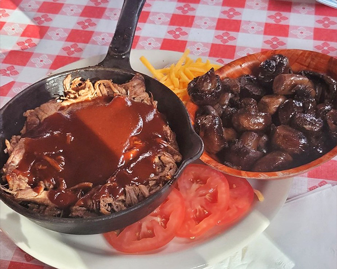 Shredded beef swimming in savory sauce alongside mushrooms that have soaked up all the right flavors &ndash; comfort food elevated to art form.