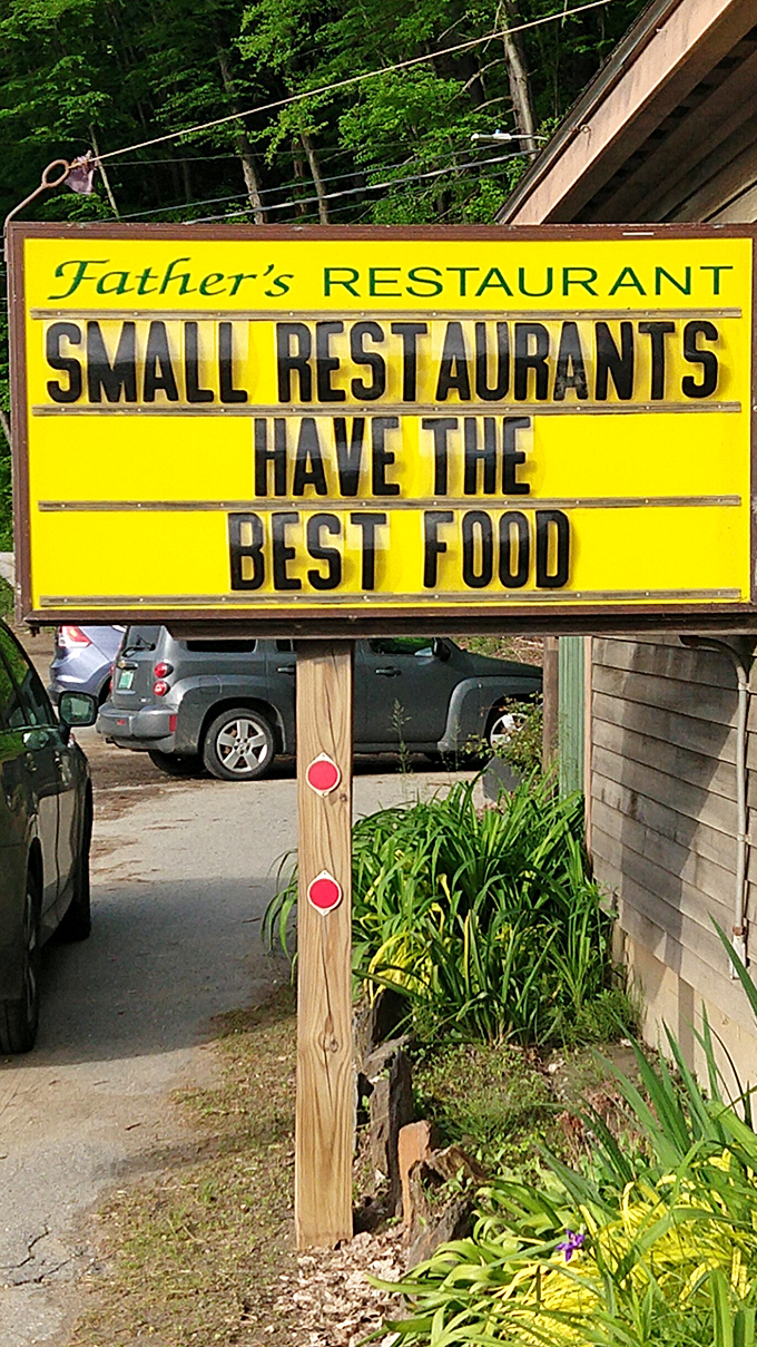The restaurant's roadside philosophy captured in yellow and black &ndash; a bold claim that Father's backs up with every plate that leaves the kitchen.