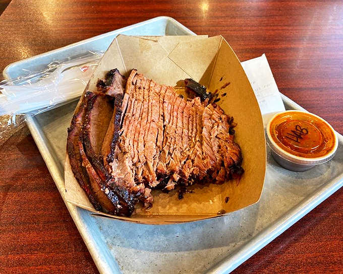 Barbecue in its purest form &ndash; perfectly sliced brisket with that telltale smoke ring and just the right amount of bark.