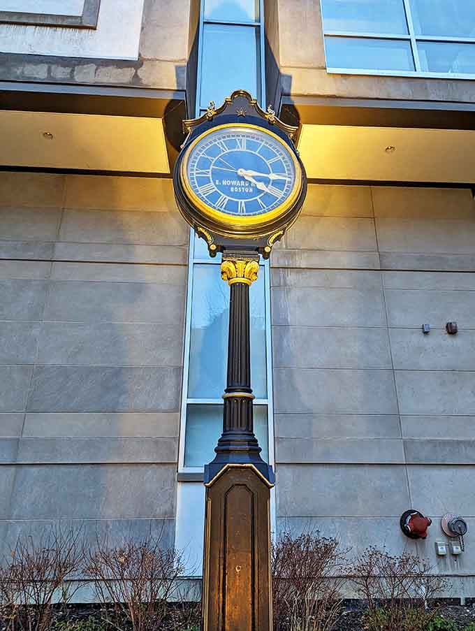 This stately street clock by E. Howard of Boston has faithfully announced the time to passersby for generations, its elegant design merging function with civic beauty.
