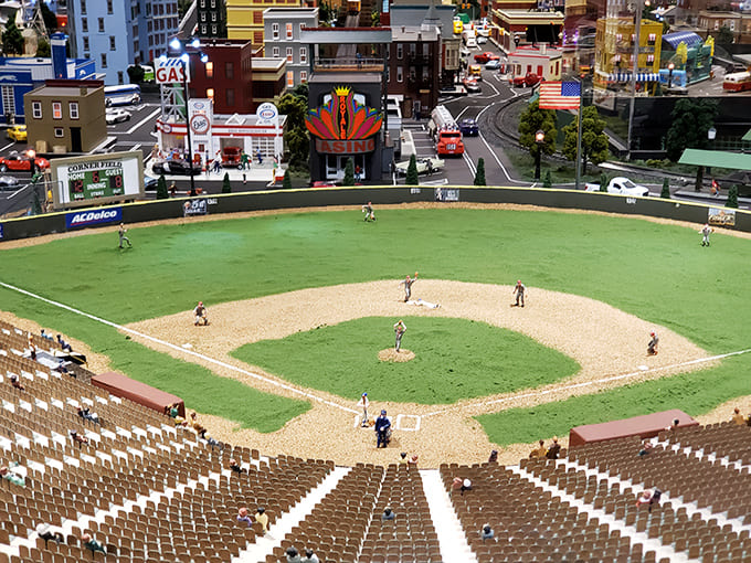 Take me out to the tiny ball game! This baseball stadium captures America's pastime in perfect miniature, right down to the seventh-inning stretch.