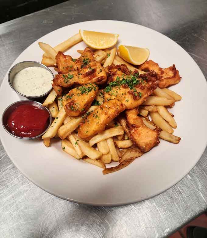 Beer-battered fish and chips transport you across the pond without the jet lag, complete with proper tartar sauce and lemon wedges.
