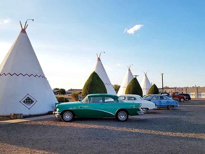 That classic roadside motel sign announces you've arrived at one of Route 66's most photographed and beloved landmarks along the Mother Road.