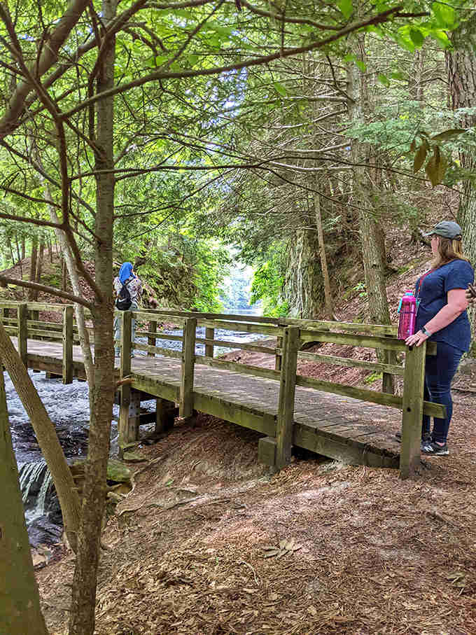 Hikers pause on a rustic bridge, soaking in the symphony of rushing water and birdsong. Some moments deserve to be savored.