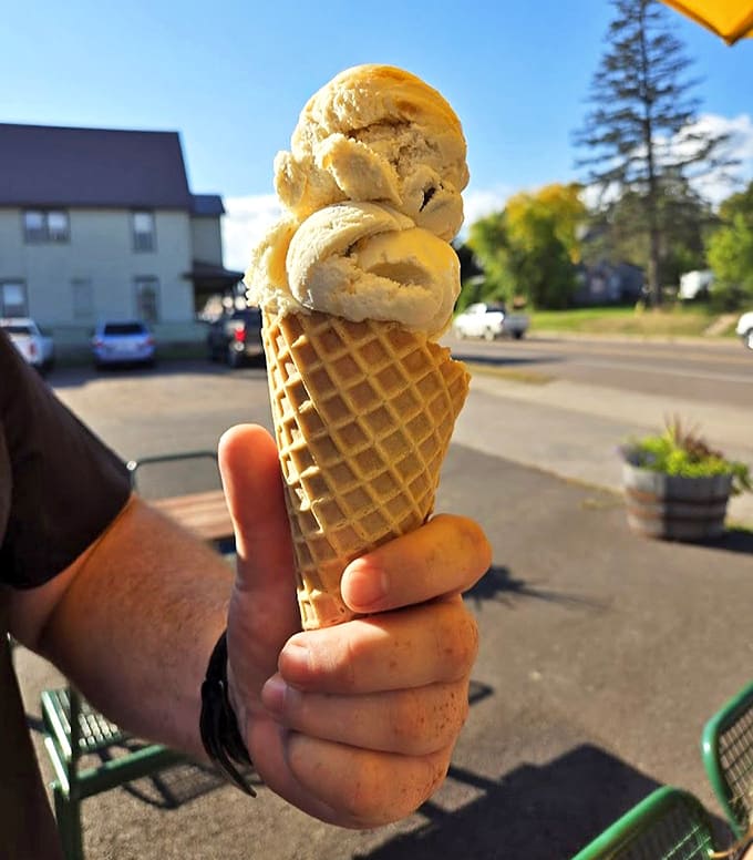 Vanilla Ice Cream: Simple perfection in a waffle cone—creamy vanilla scoops that prove sometimes the most basic option is actually the most extraordinary.