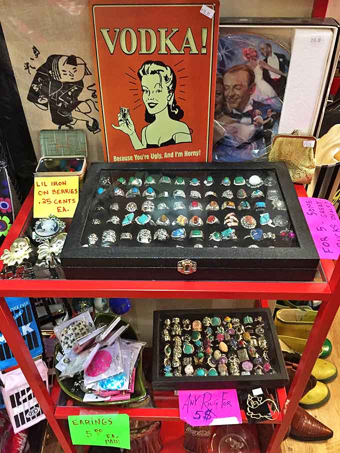 Vintage rings and jewelry create a glittering treasure trove, each piece a tiny time capsule of style from decades past.