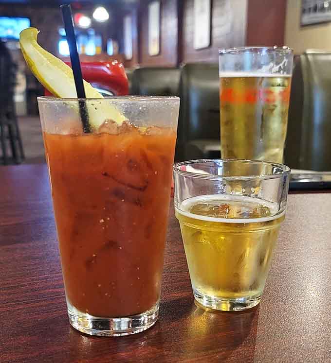 That Bloody Mary garnished with what appears to be an entire salad bar is basically breakfast and a drink in one efficient glass.