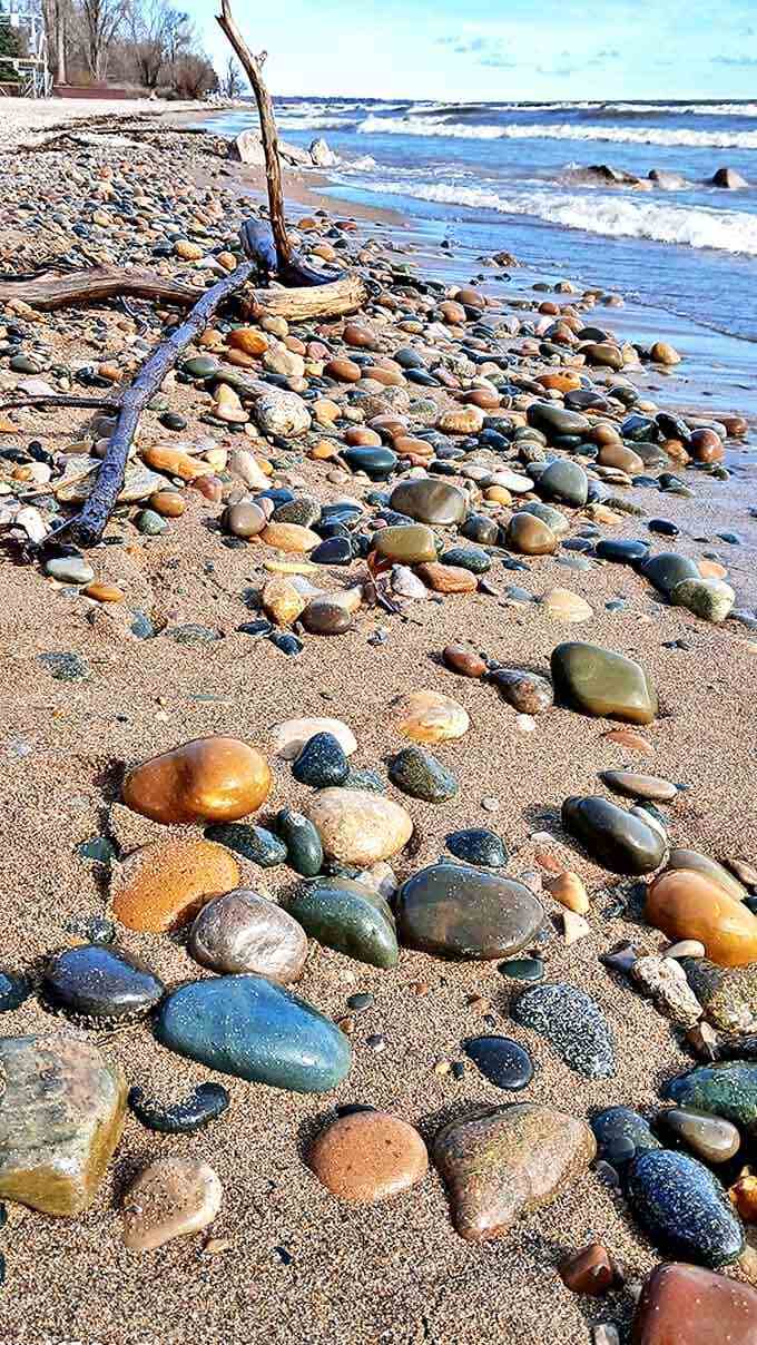 Beach treasure hunters dream of collections like this &ndash; smooth, colorful stones that feel like they were made specifically for pocket-filling.