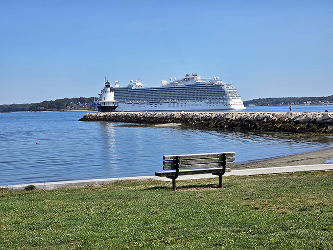 A solitary bench offers the perfect spot for contemplation, with front-row seats to one of Maine's most picturesque maritime views.