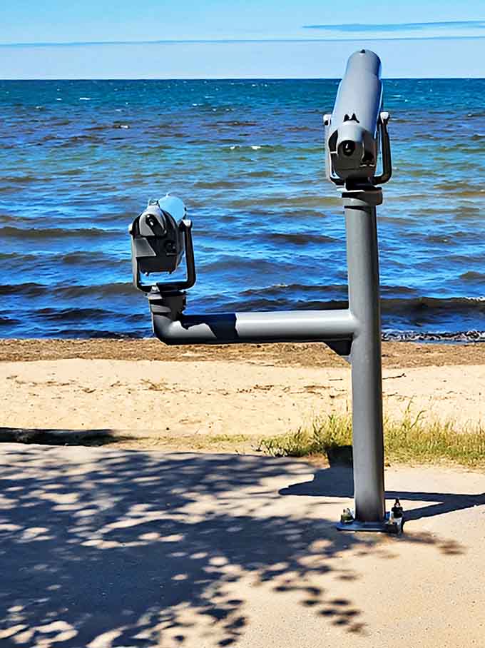 Vintage-style viewing binoculars stand ready for visitors to zoom in on distant ships or perhaps spot the Canadian shoreline.