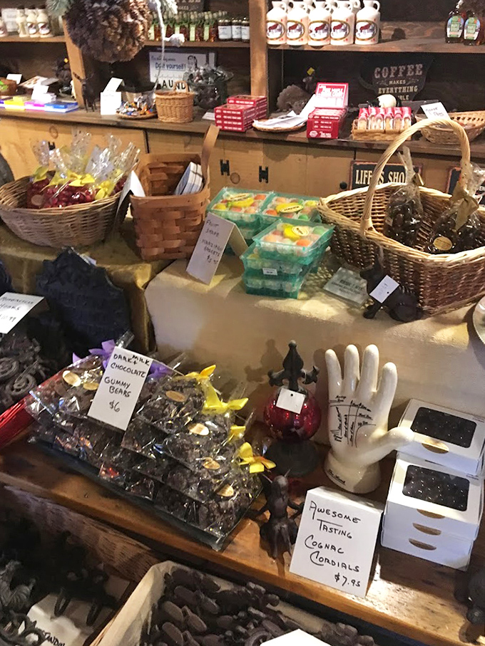 The candy counter offers a colorful array of sweet treasures, proving The Chocolate Barn's expertise extends beyond just chocolate.