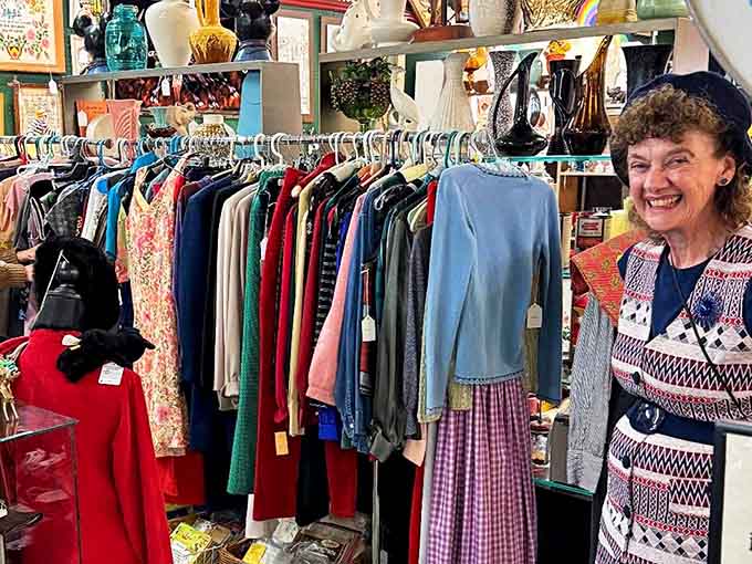 Vintage clothing hanging like a fashion timeline, where every decade brought its own definition of style and none of them were wrong.