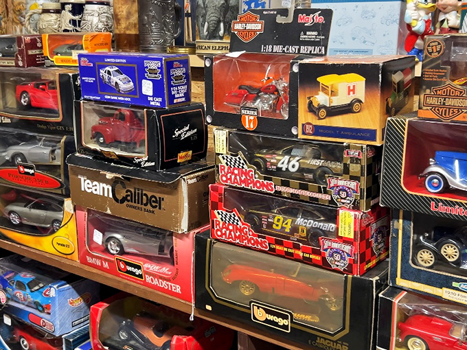 Die-cast model vehicles in their original packaging transport collectors back to childhoods spent dreaming of the open road.