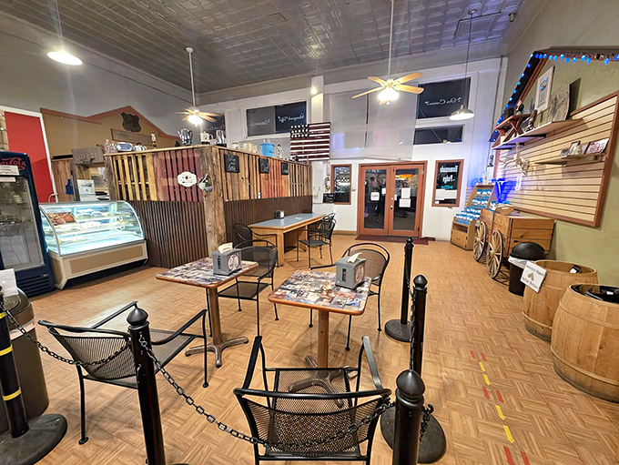 Vintage-inspired seating invites you to sit and contemplate the meaning of life &ndash; or more likely, how many flavors you can try.