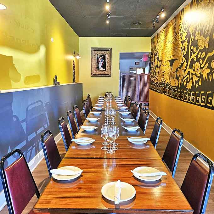 The private dining table awaits special gatherings, where family-style sharing creates memories as lasting as the flavors.