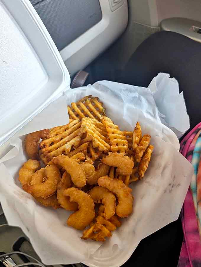 Crispy on the outside, tender within &ndash; Vince's fried shrimp nestled alongside those signature waffle fries creates a combo that's been satisfying seafood cravings for generations.